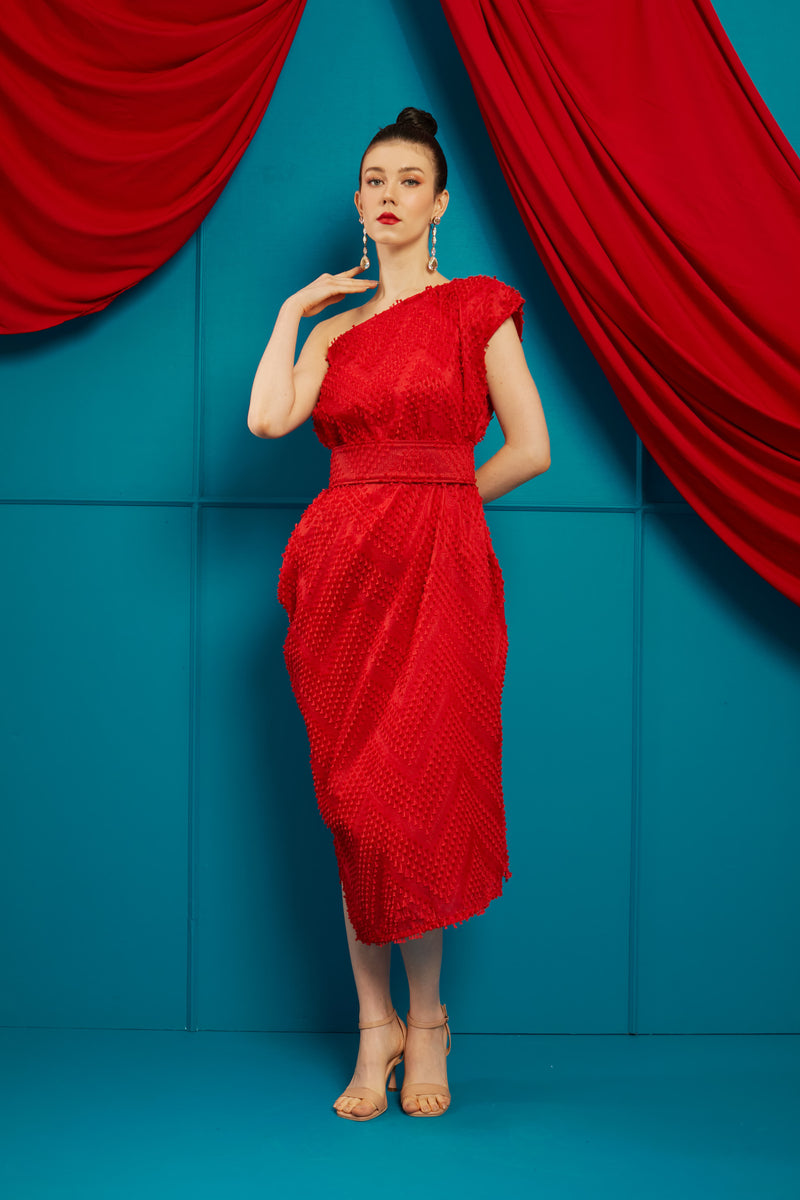 3D Tenun Red Midi Kimono Dress – ANS.EIN